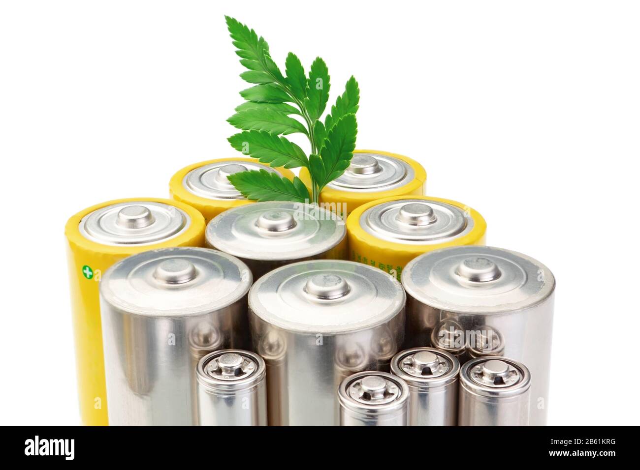 Alkaline batteries symbol of clean energy and green leaf on a white ...