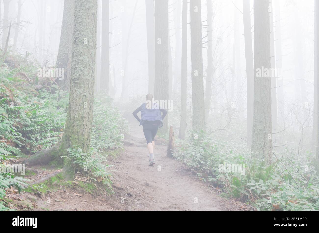 Healthy lady trekking foggy Poo Poo Point trail in Washington, USA ...