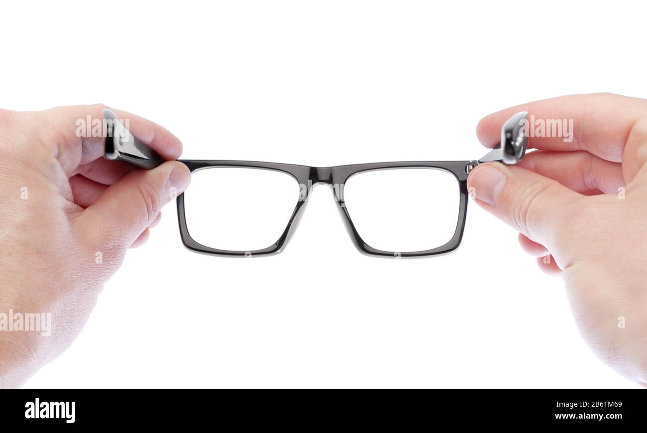A man wearing glasses to improve vision. On a white background Stock ...