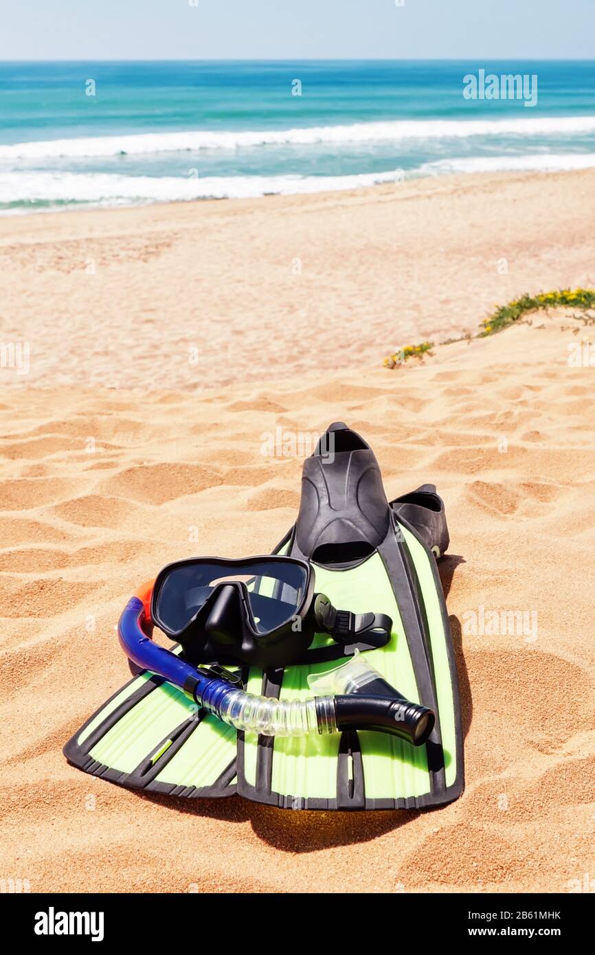 Mask, snorkel, fins on the beautiful beach in summer Stock Photo - Alamy