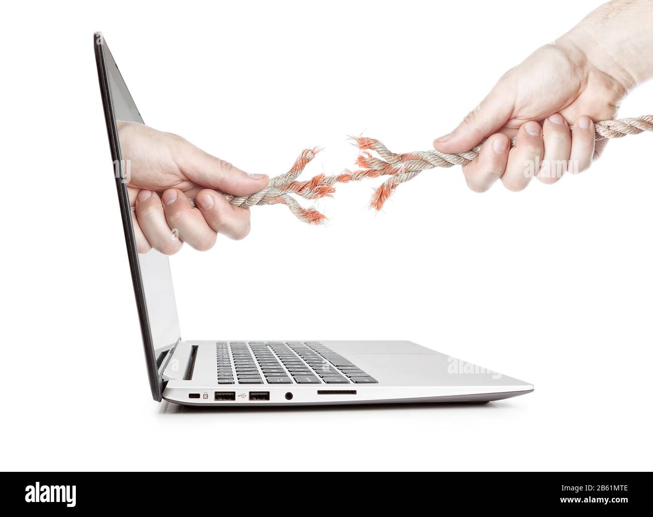 Concept the idea of a man pulling a rope from tearing portable. Gap and ...