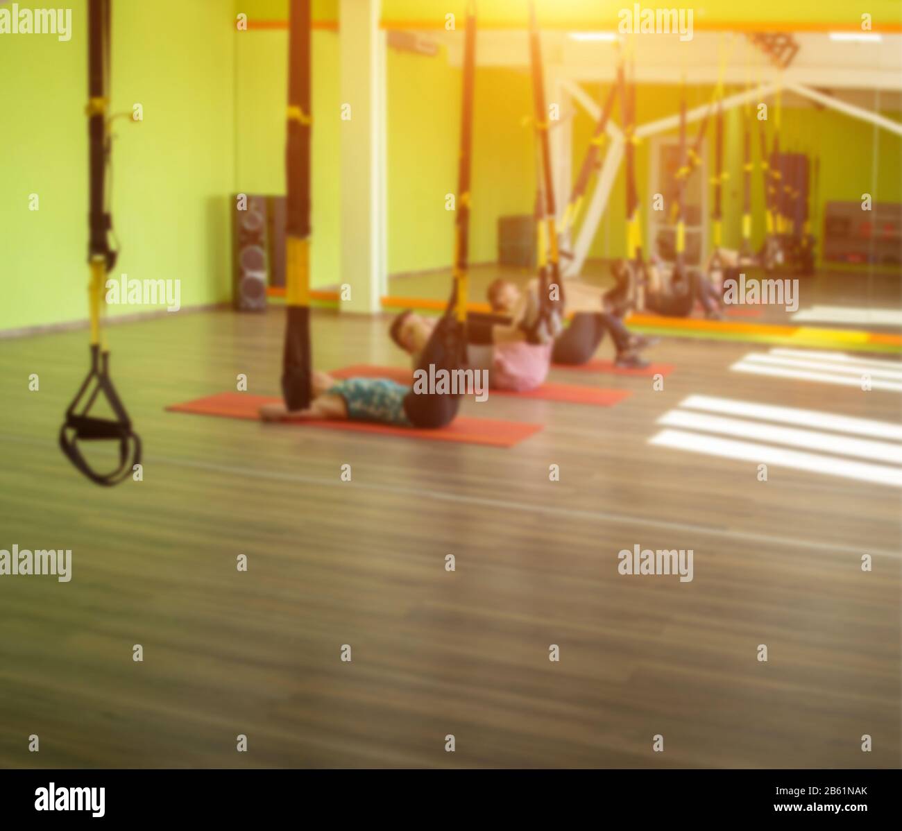 A group of people picks up a TRX hinge in the modern gym with a trainer ...