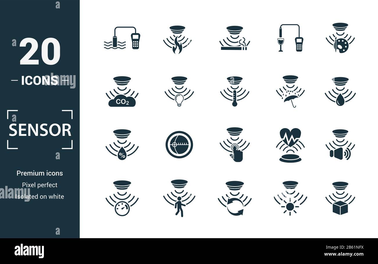 Sensor icon set. Include creative elements water quality sensor, smoke ...
