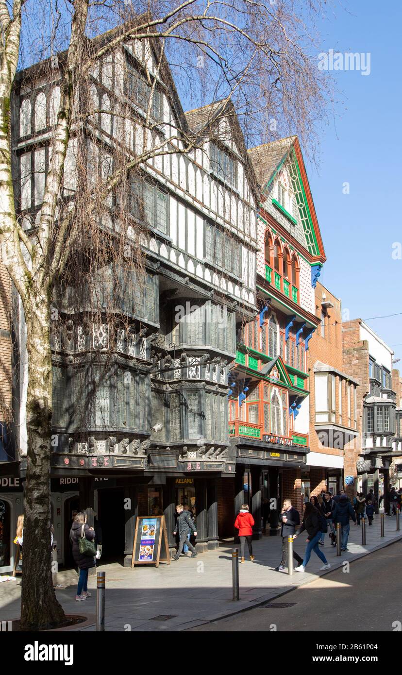 Historic Tudor buildings in High Street, Exeter city centre, Devon ...