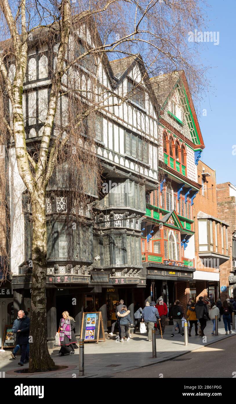 Historic Tudor buildings in High Street, Exeter city centre, Devon ...