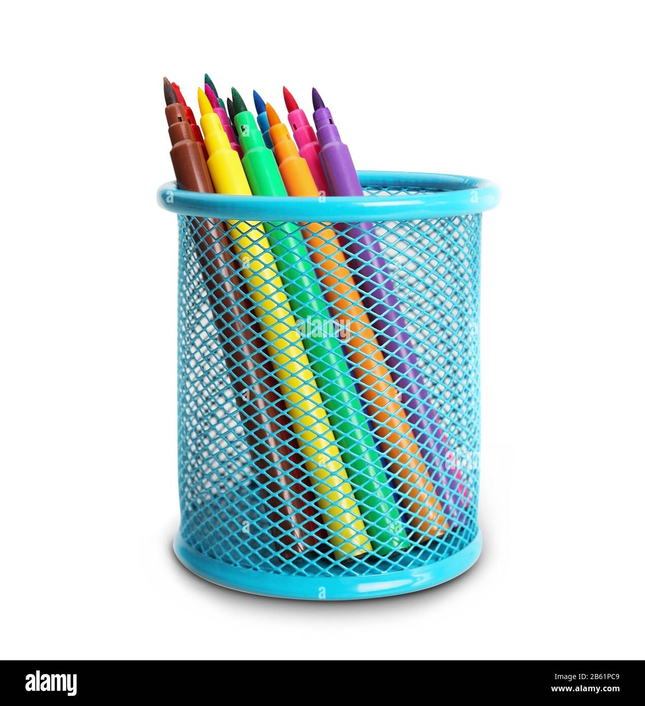 Group of multi-colored felt-tip pens in a blue basket. For drawing ...