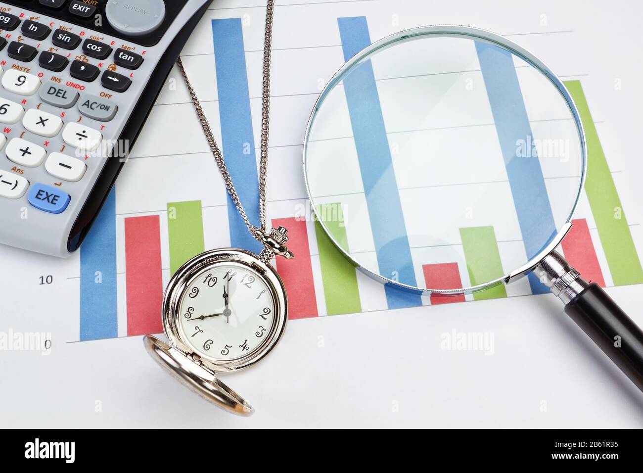 Graphic statistics businessman accessories to Watch, magnifying glass ...