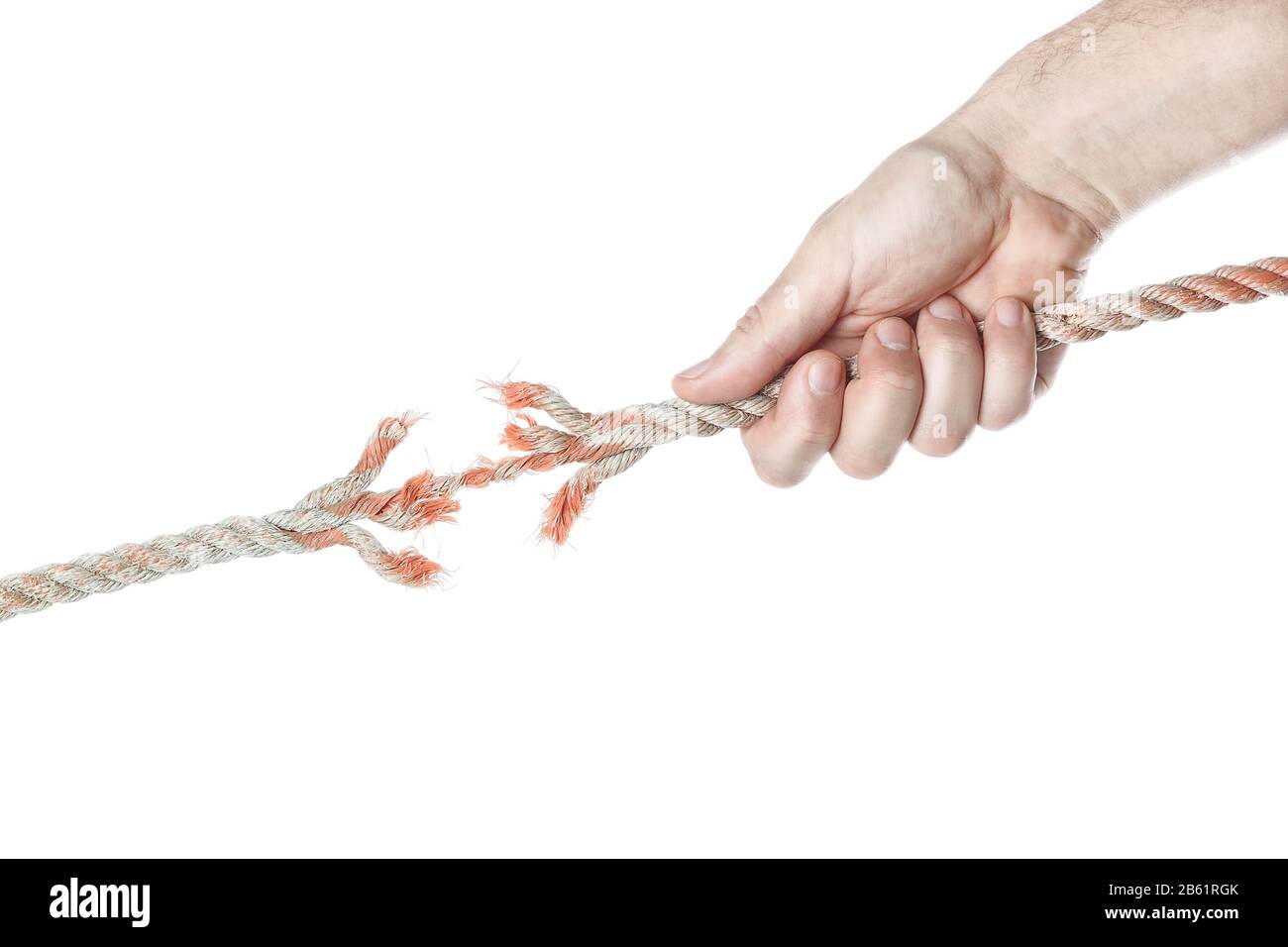Man's hand pulls the rope and breaks. On a white background Stock Photo ...