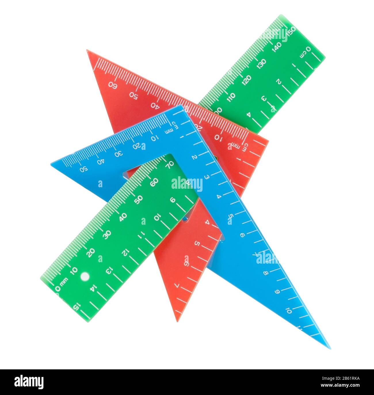 School tools multicolored triangle, ruler, protractor. Close-up Stock ...