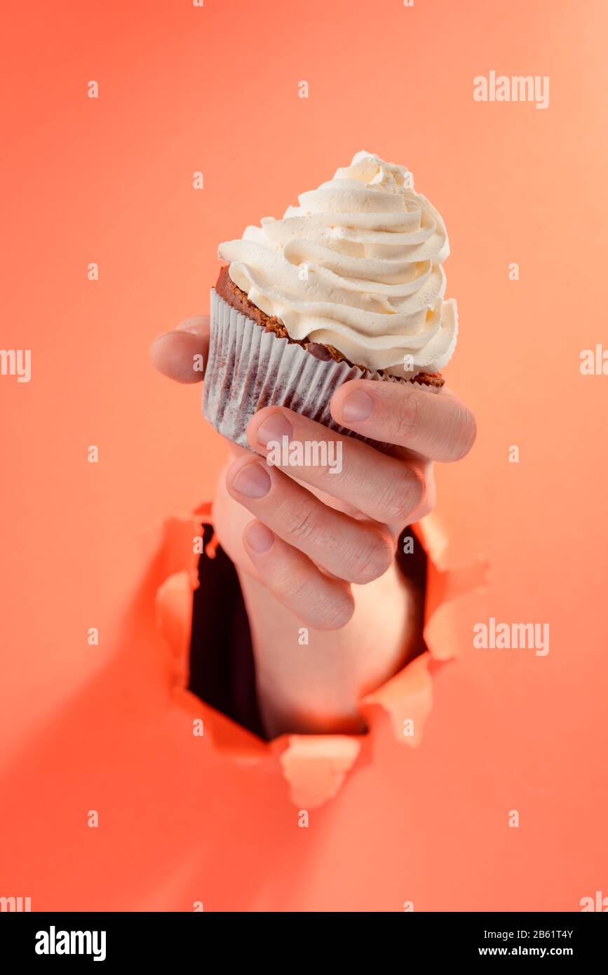 Hand holding a cupcake with buttercream swirl Stock Photo - Alamy