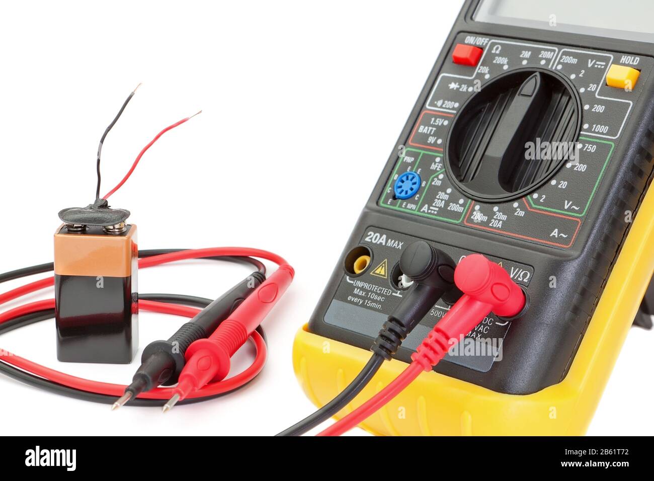 Electrical multimeter to check the resistance. On a white background ...