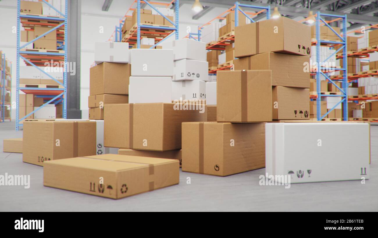 Cardboard boxes in middle of the warehouse, logistic center. Huge ...