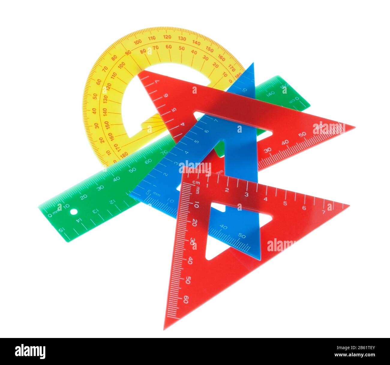 Set of geometric tools rulers, triangle, protractor. On a white ...