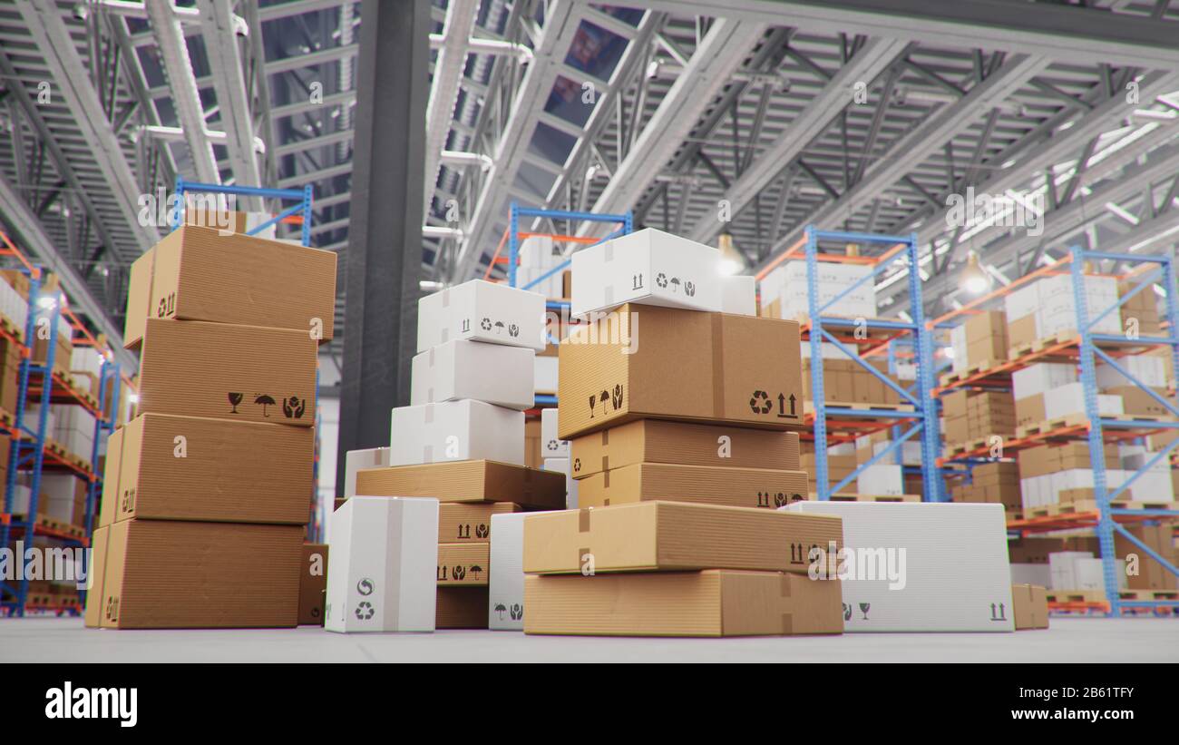 Cardboard boxes in middle of the warehouse, logistic center. Huge ...