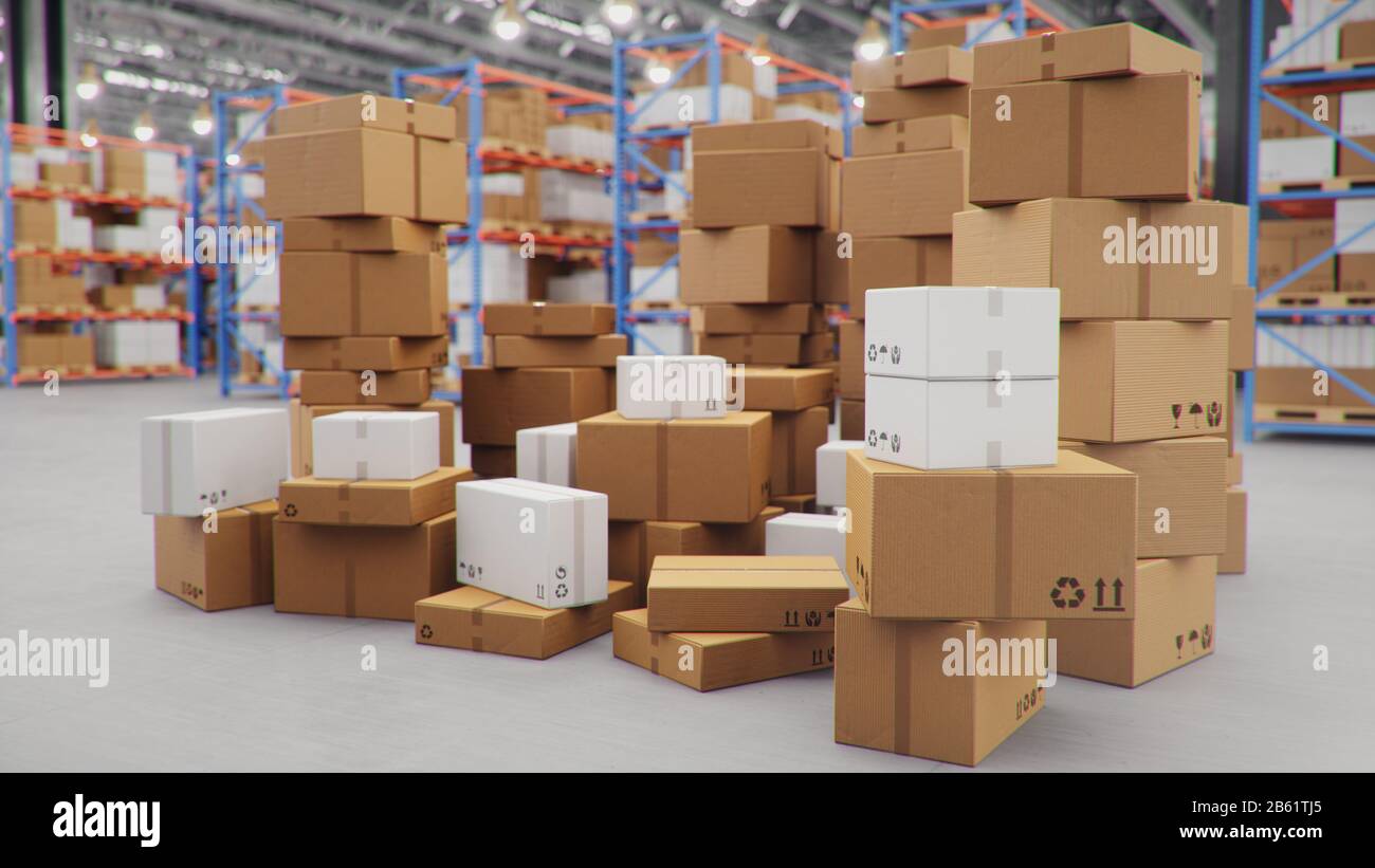 Cardboard boxes in middle of the warehouse, logistic center. Huge ...