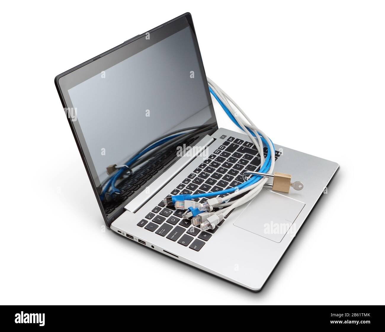 Modern notebook and a group of network cable with a lock symbol of ...
