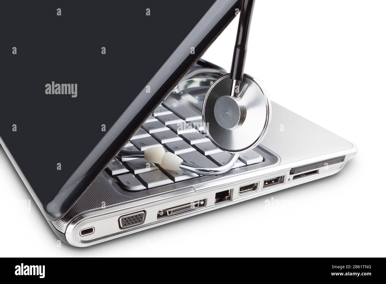 Modern laptop and stethoscope to diagnose problems. On a white ...