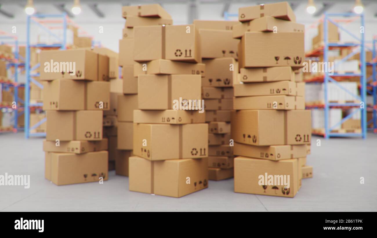 Cardboard boxes in middle of the warehouse, logistic center. Huge ...