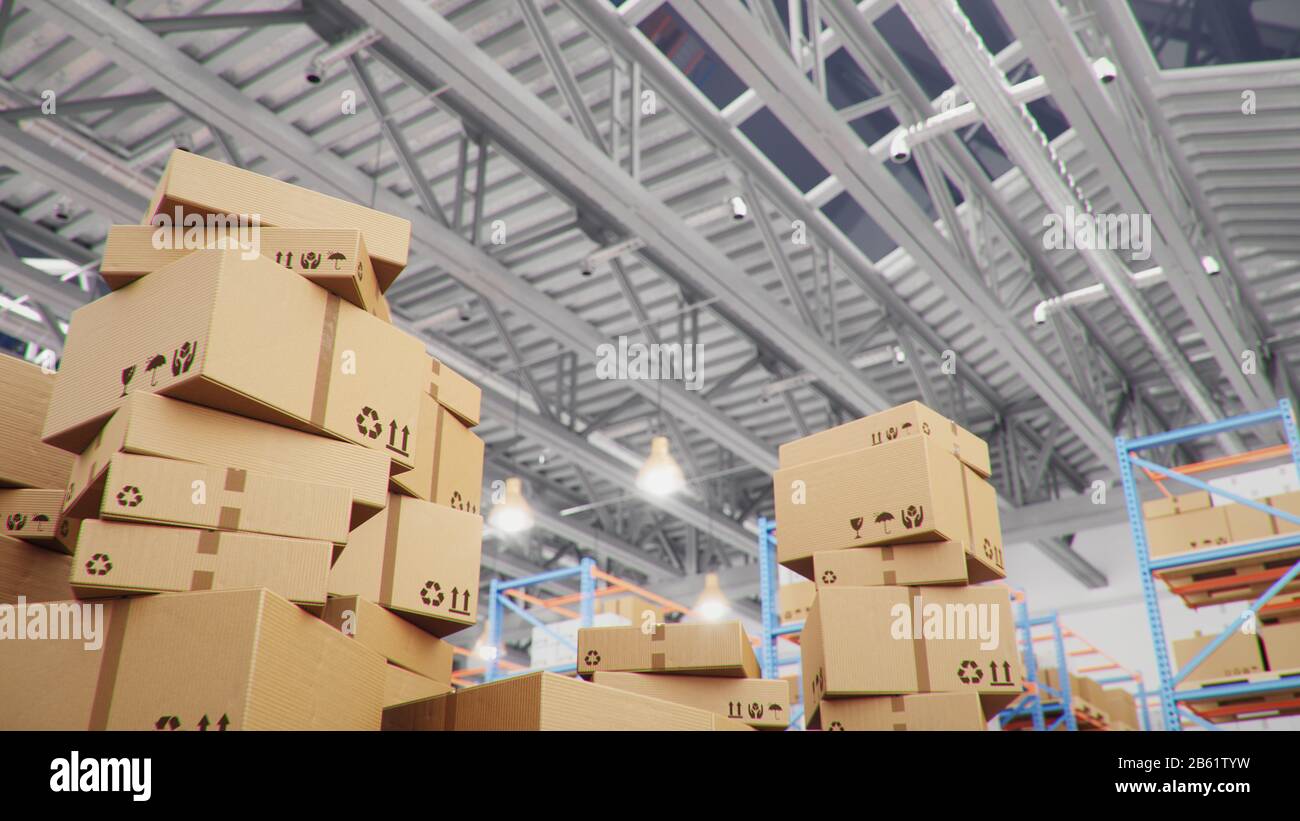 Cardboard boxes in middle of the warehouse, logistic center. Huge ...