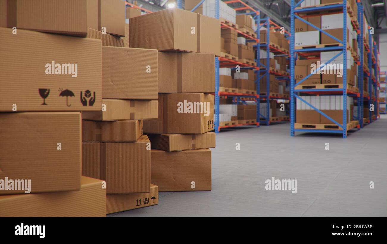 Cardboard boxes in middle of the warehouse, logistic center. Huge ...