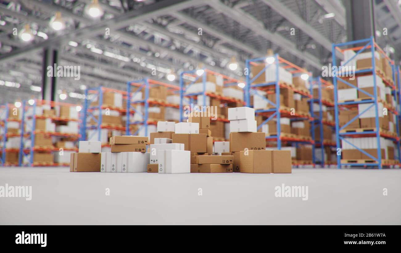 Cardboard boxes in middle of the warehouse, logistic center. Huge ...