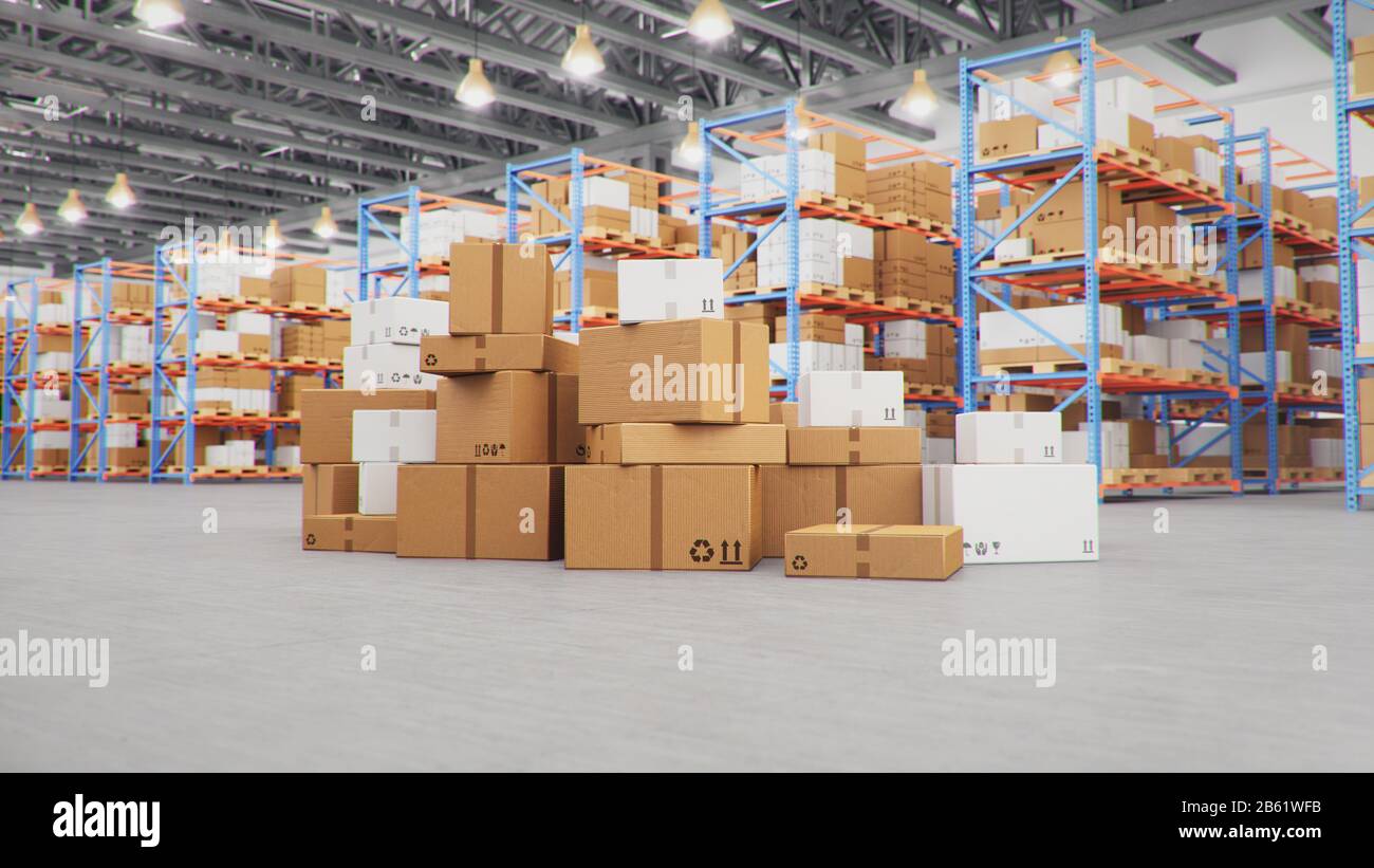 Cardboard boxes in middle of the warehouse, logistic center. Huge ...
