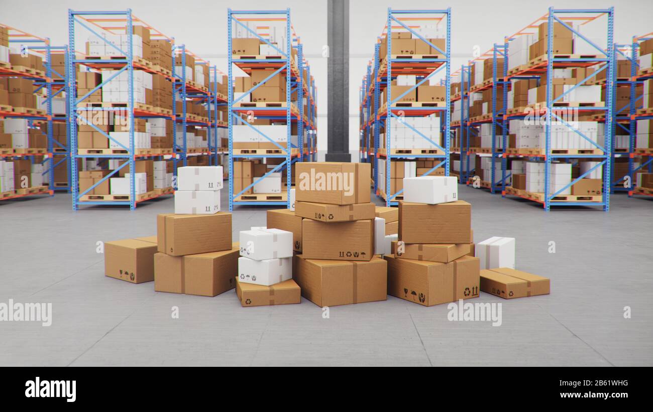 Cardboard boxes in middle of the warehouse, logistic center. Huge ...