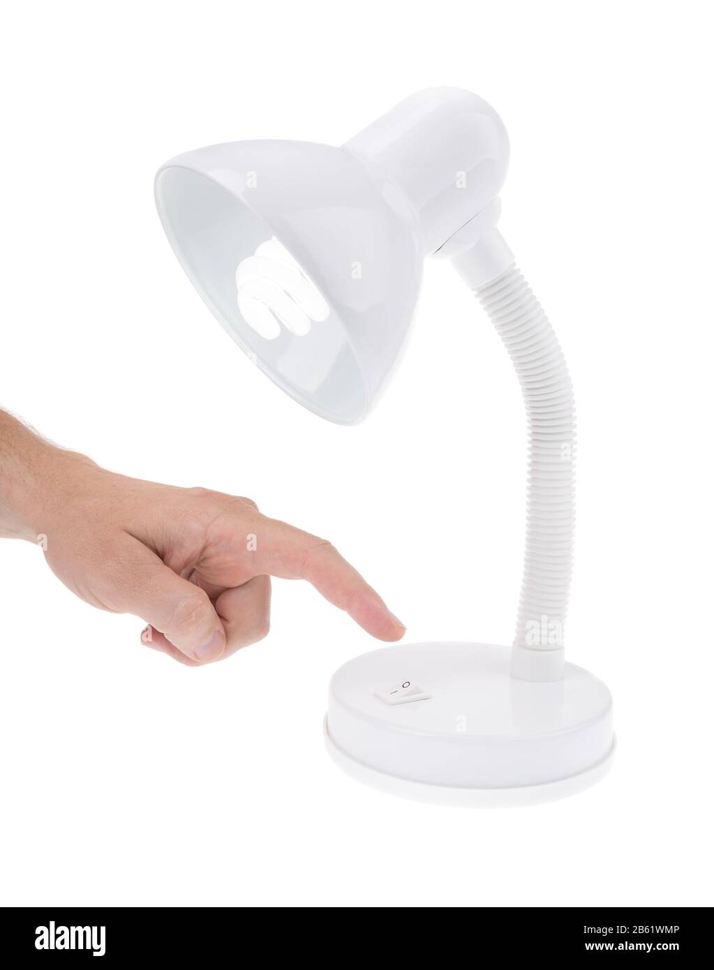 Man's hand off the desk lamp at the office. On a white background Stock ...