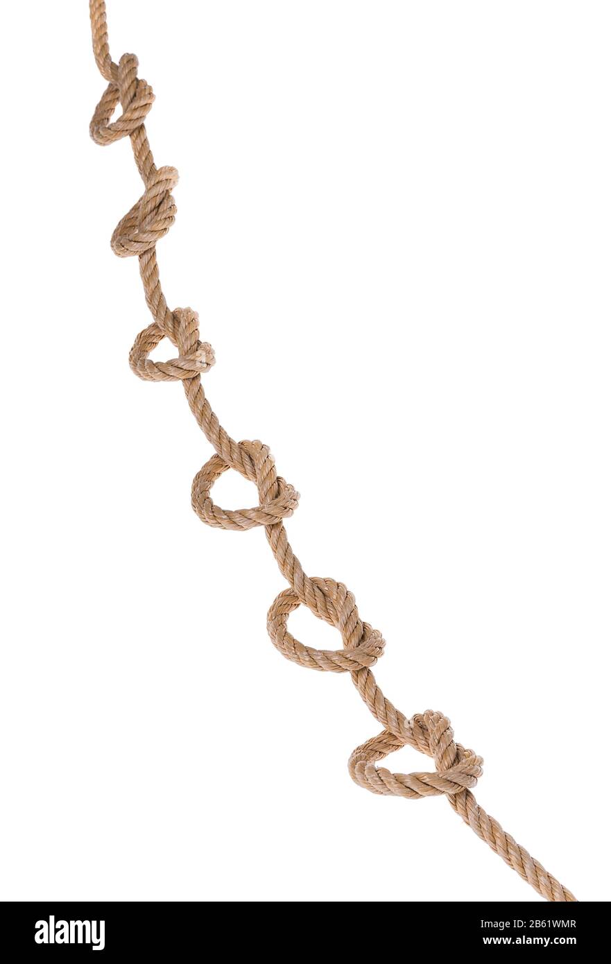 Knots and loops on the decorative rope, close-up on a white background ...