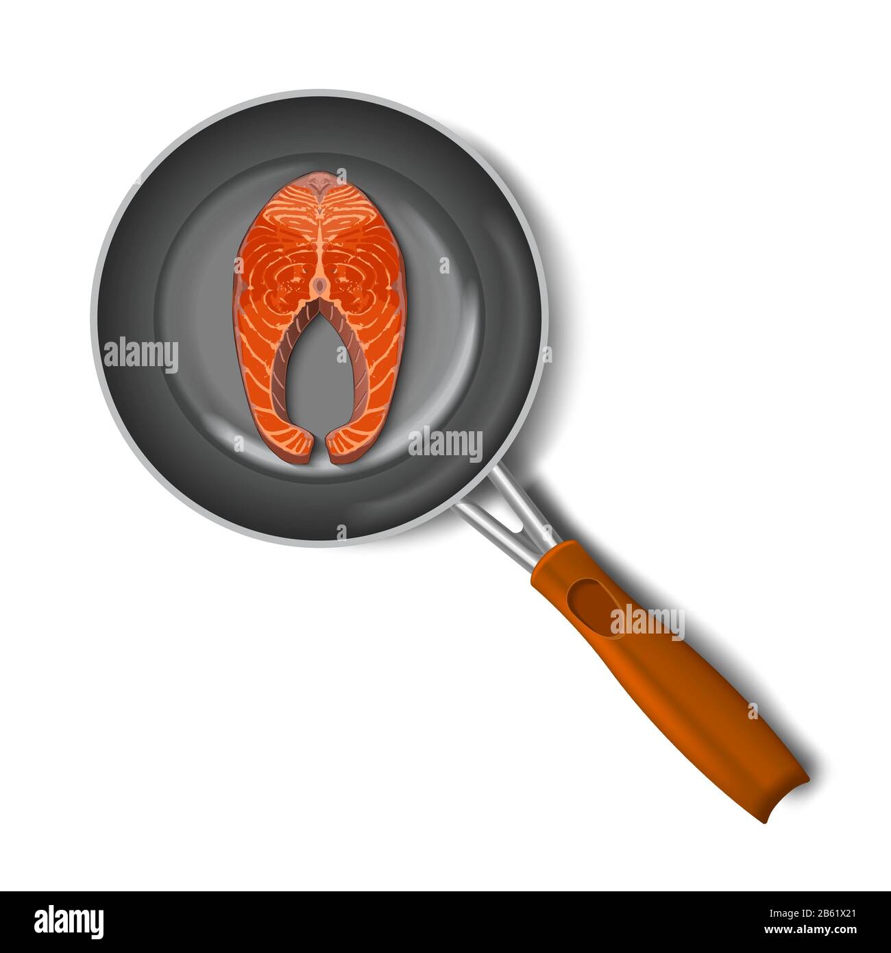 Fresh fish salmon steaks in frying pan top view isolated on white ...