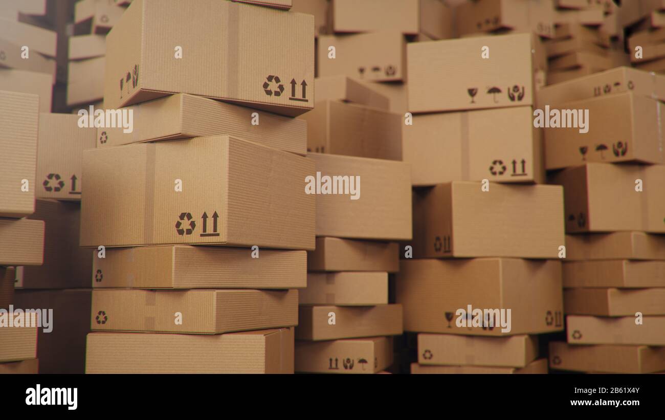 3D illustration background of cardboard boxes. Heap of cardboard boxes ...