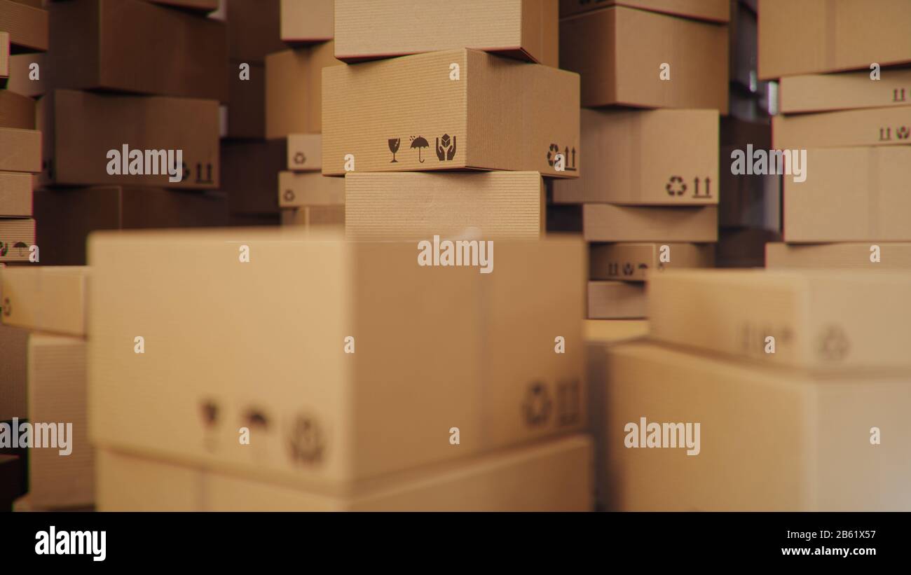 Background of cardboard boxes inside warehouse, logistic center ...