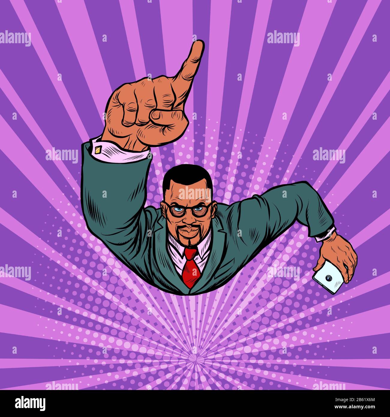 African businessman with a smartphone index finger up. Flying like a ...