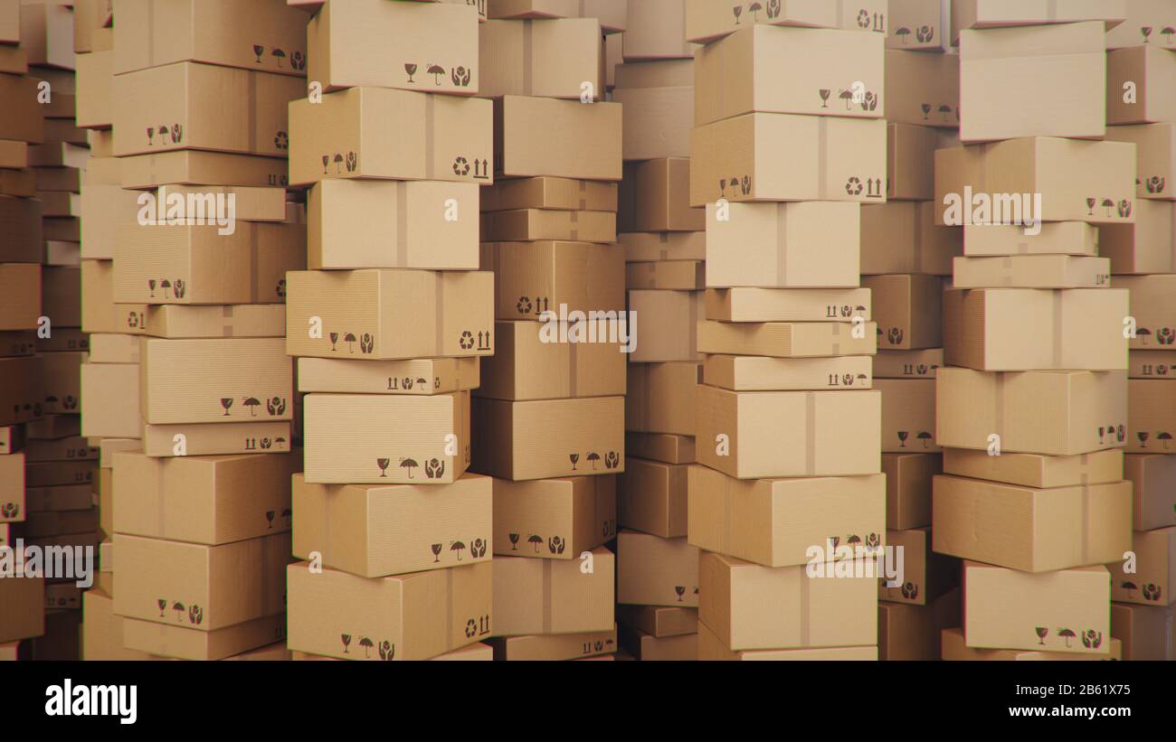 Background of cardboard boxes inside warehouse, logistic center ...