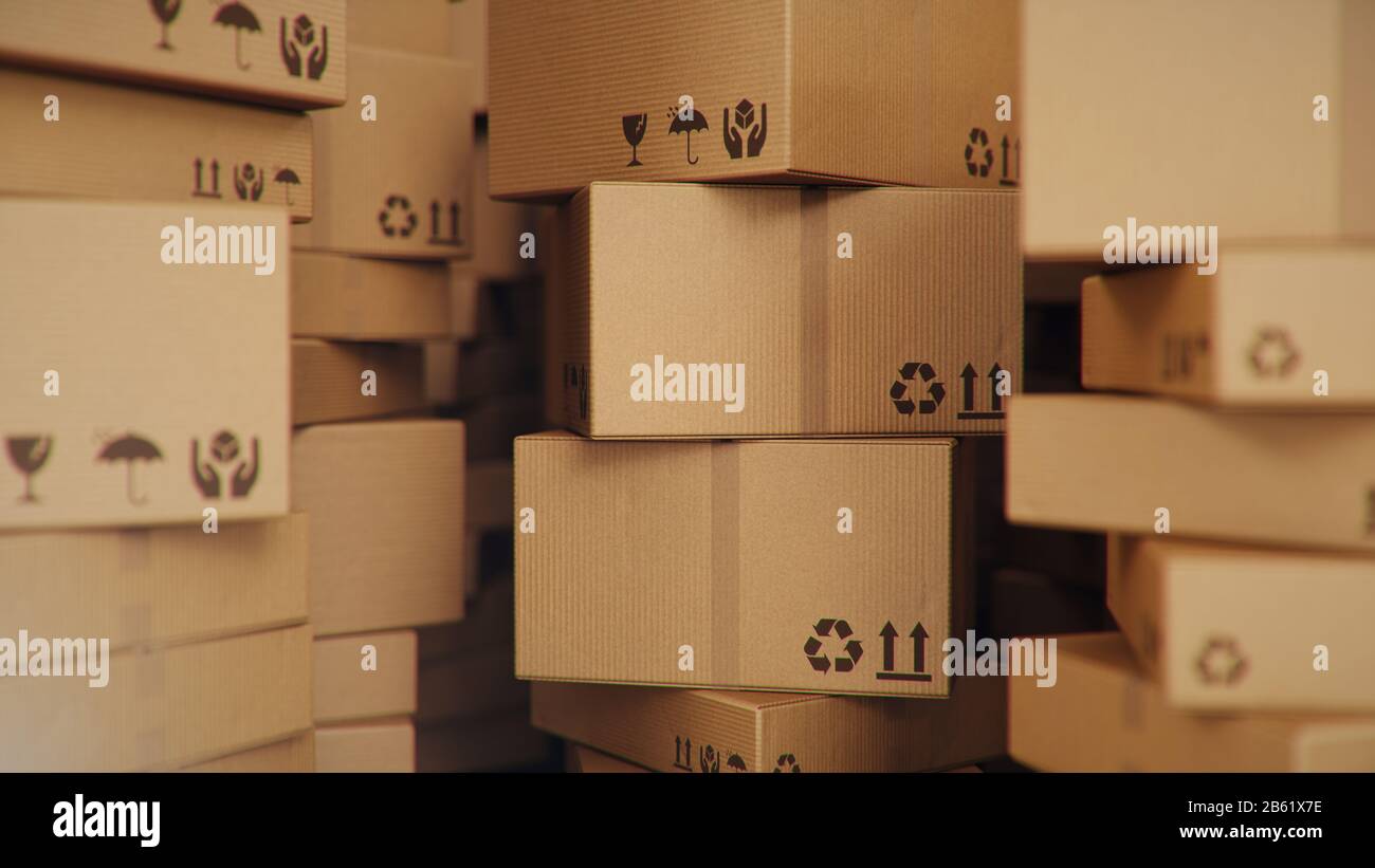 Background of cardboard boxes inside warehouse, logistic center ...