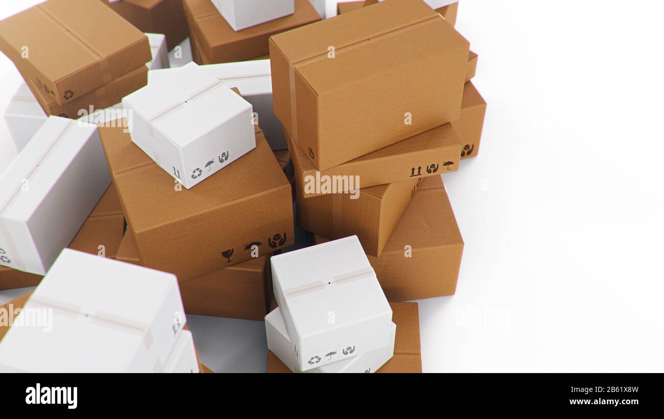 Pile, heap of cardboard boxes isolated on a white background. Cardboard ...
