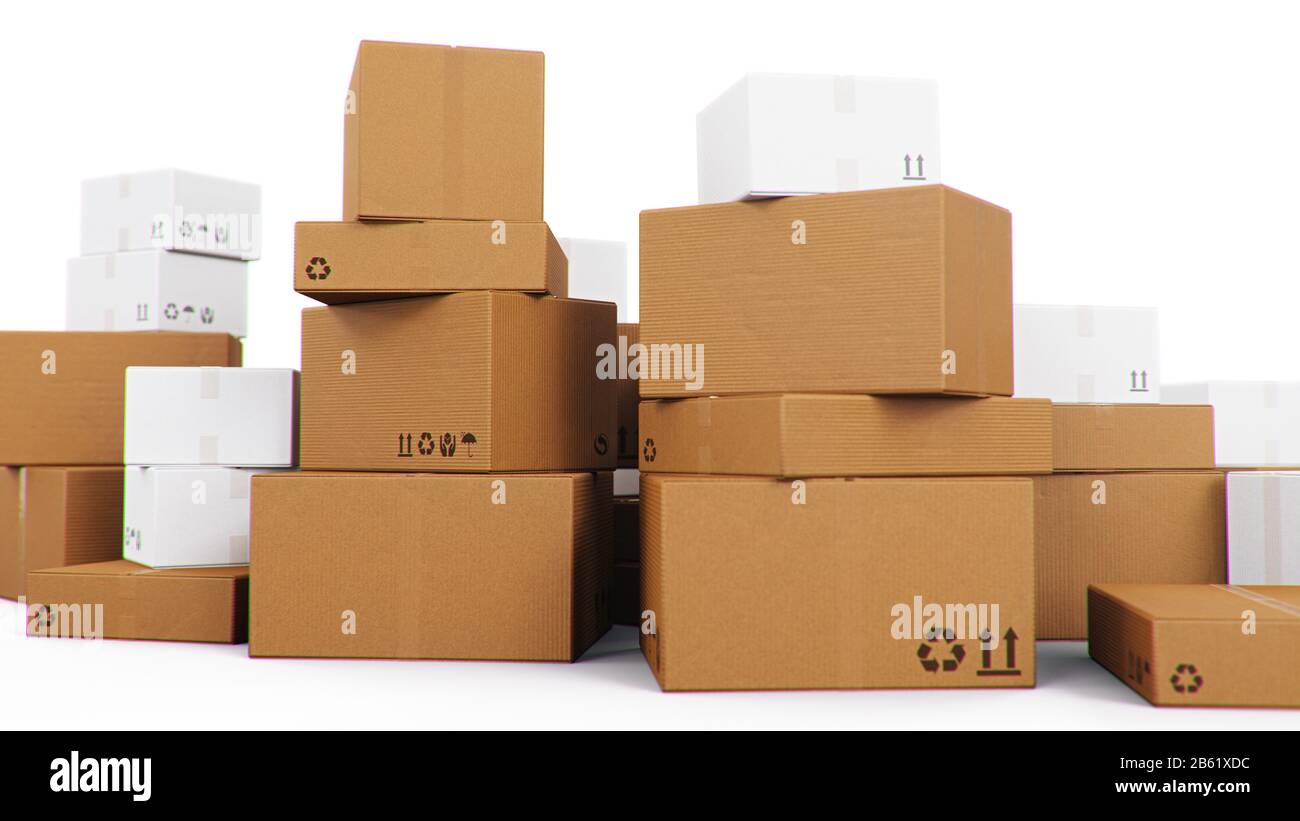 Pile, heap of cardboard boxes isolated on a white background. Cardboard ...