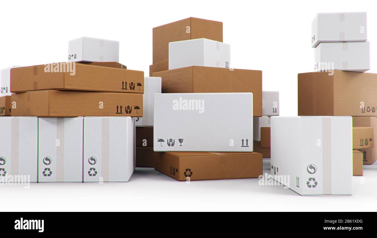 Pile, heap of cardboard boxes isolated on a white background. Cardboard ...