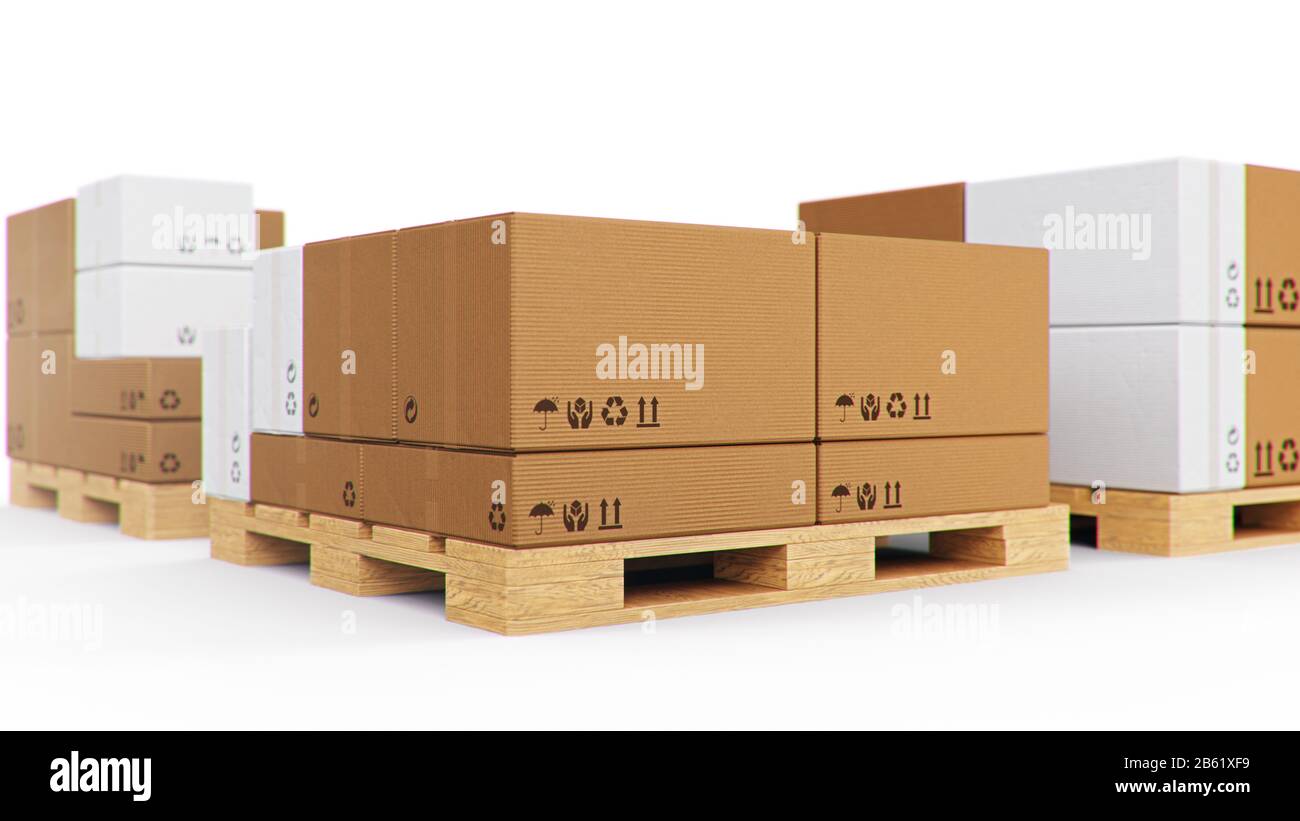 Cardboard boxes on wooden pallets isolated on a white background ...