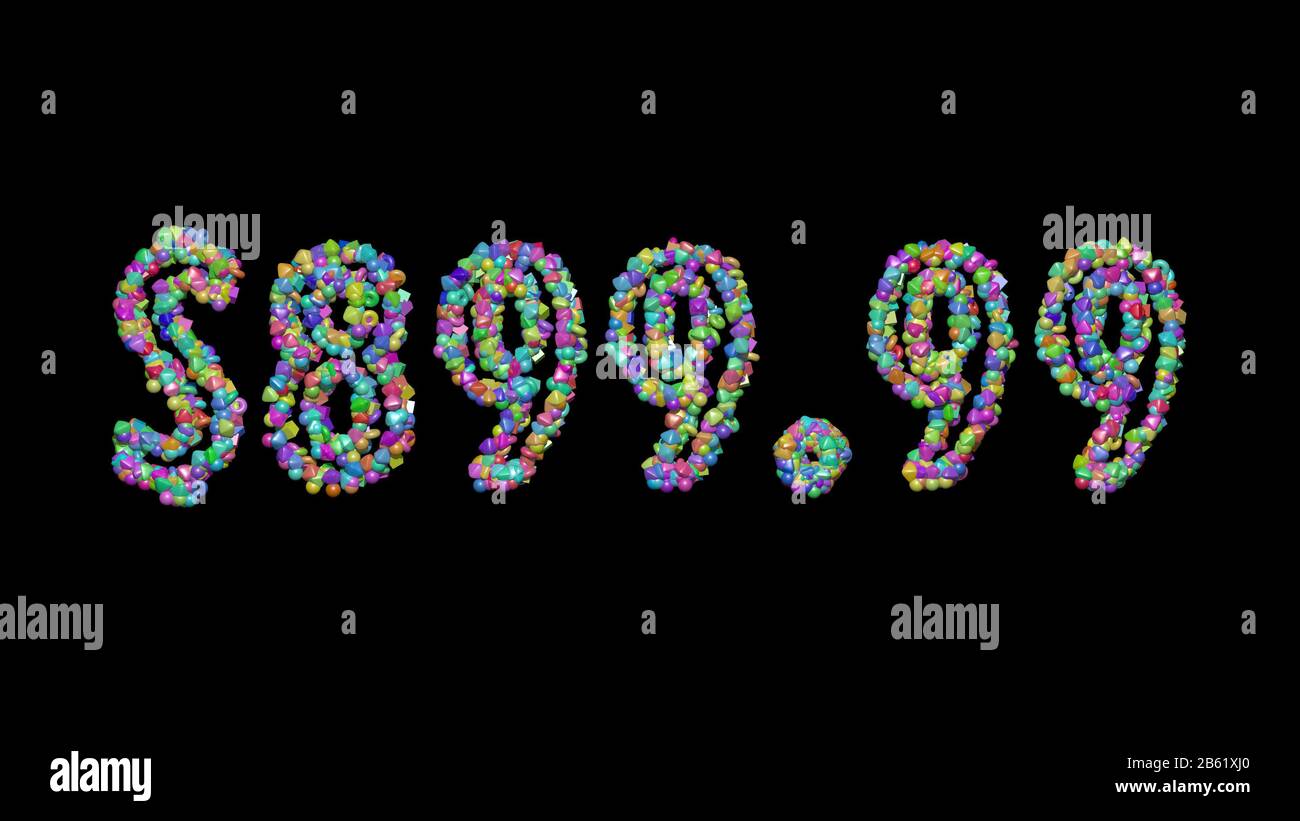Colorful 3D writting of $899.99 text with small objects over a dark ...