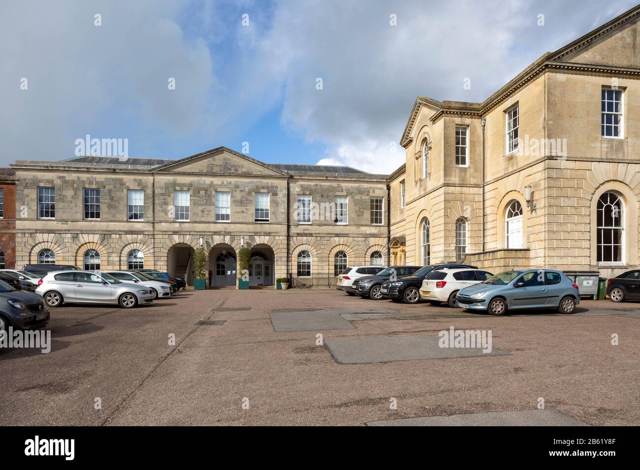 Buildings and cars parked at Exeter Castle, Exeter, Devon, England, UK ...