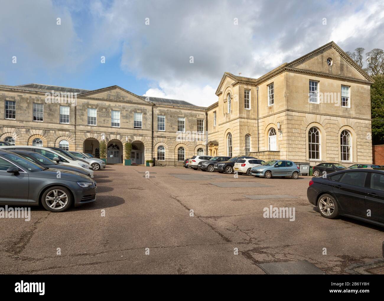 Buildings and cars parked at Exeter Castle, Exeter, Devon, England, UK ...