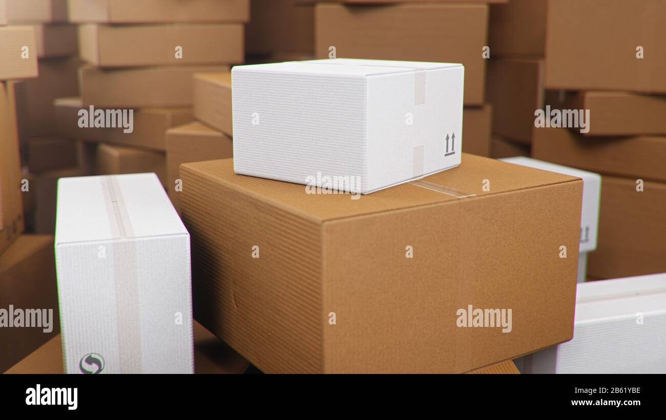 3D illustration background of cardboard boxes. Heap of cardboard boxes ...