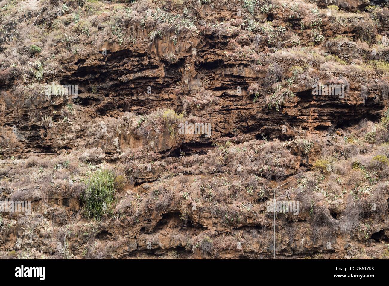 Roadside outcrop of weathered lava flows near Los Sauces in ...