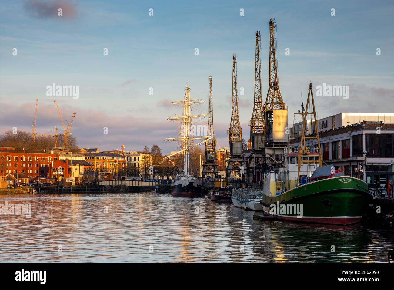 Bristol, England, UK - December 29, 2019: Evening sun shines on boats ...