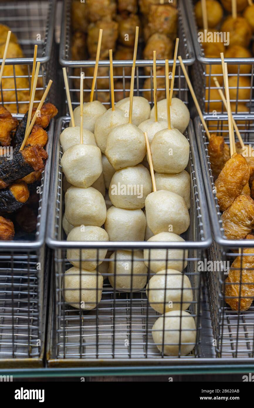 Assorted fish ball skewers at Hong Kong street food market Stock Photo ...