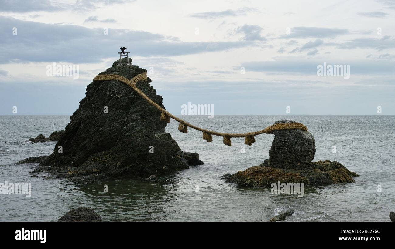 Close up to the famous twin rocks of Meoto Iwa in Ise Japan Stock Photo ...