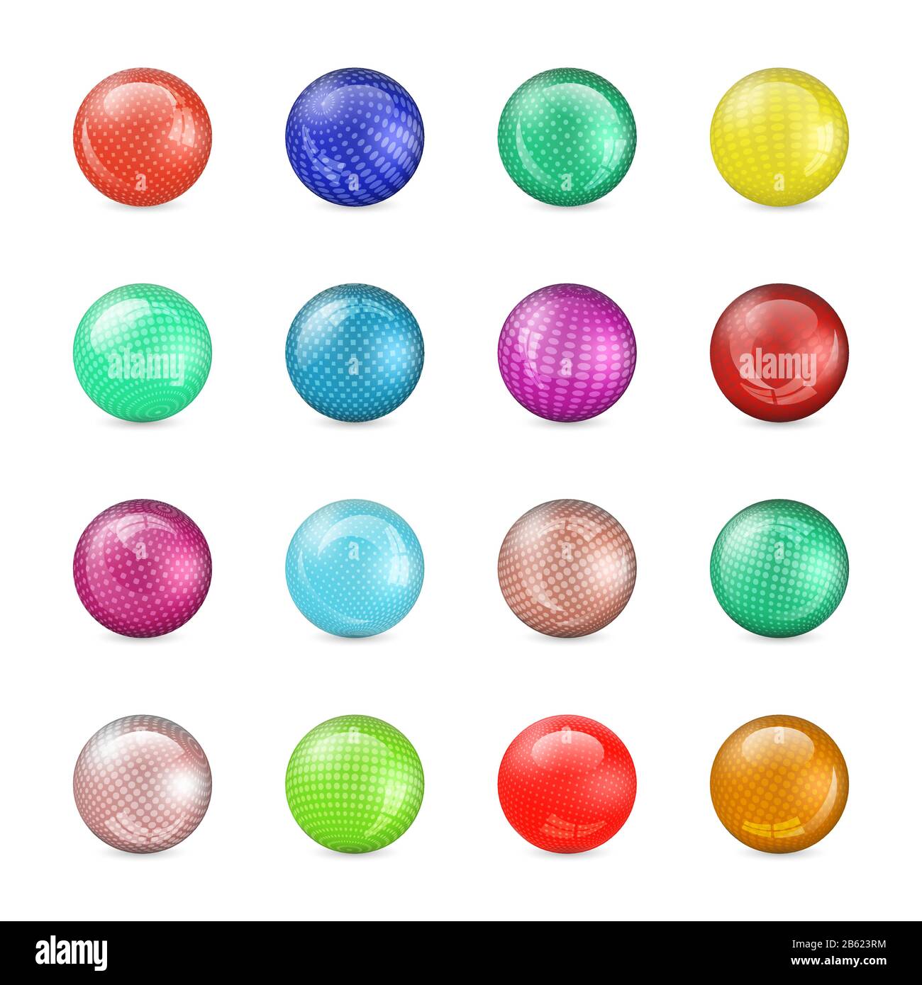 Set of glossy colored balls with halftone fill, isolated on white ...