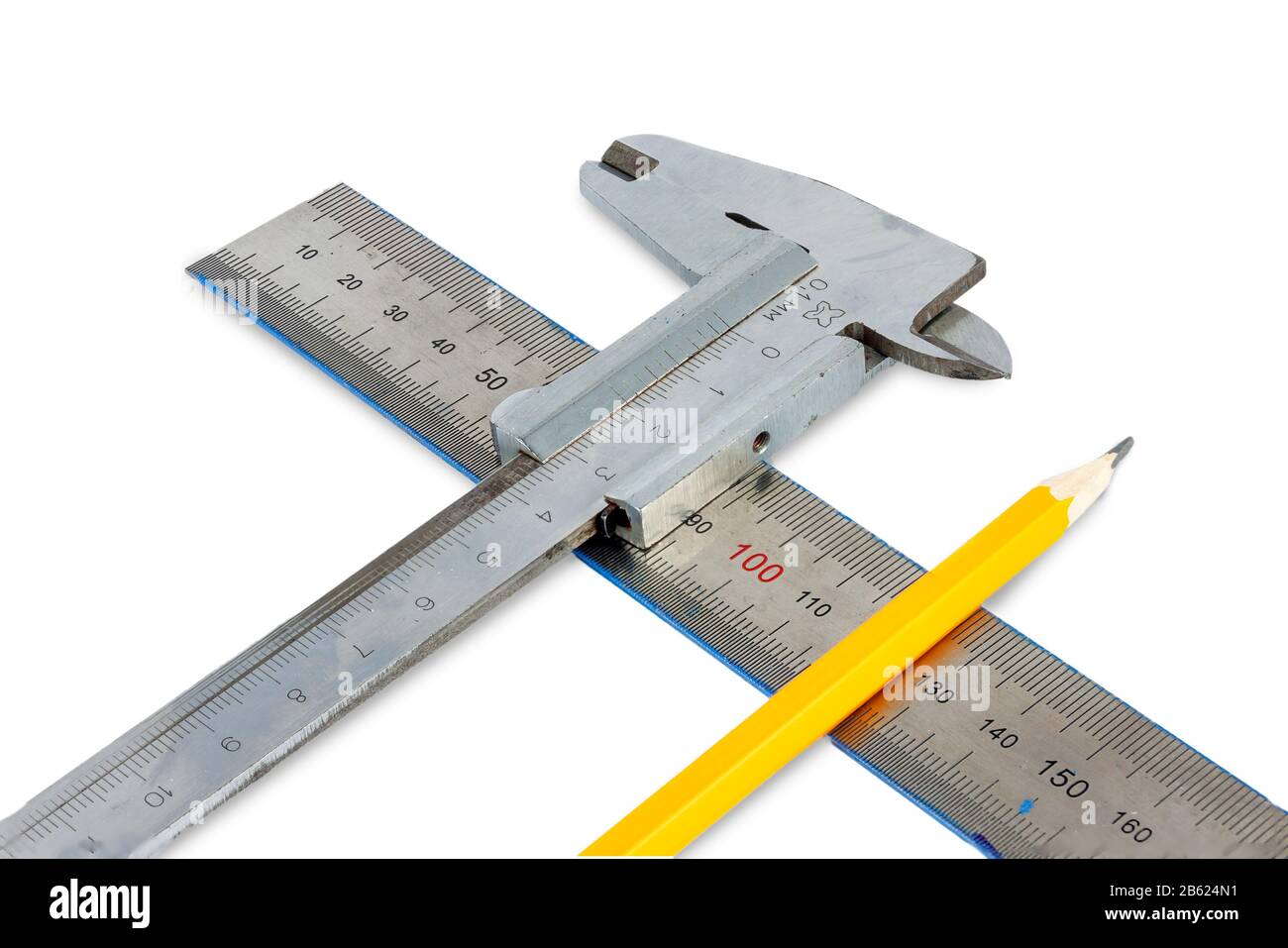 Wooden pencil, ruler and vernier caliper on a white background Stock ...