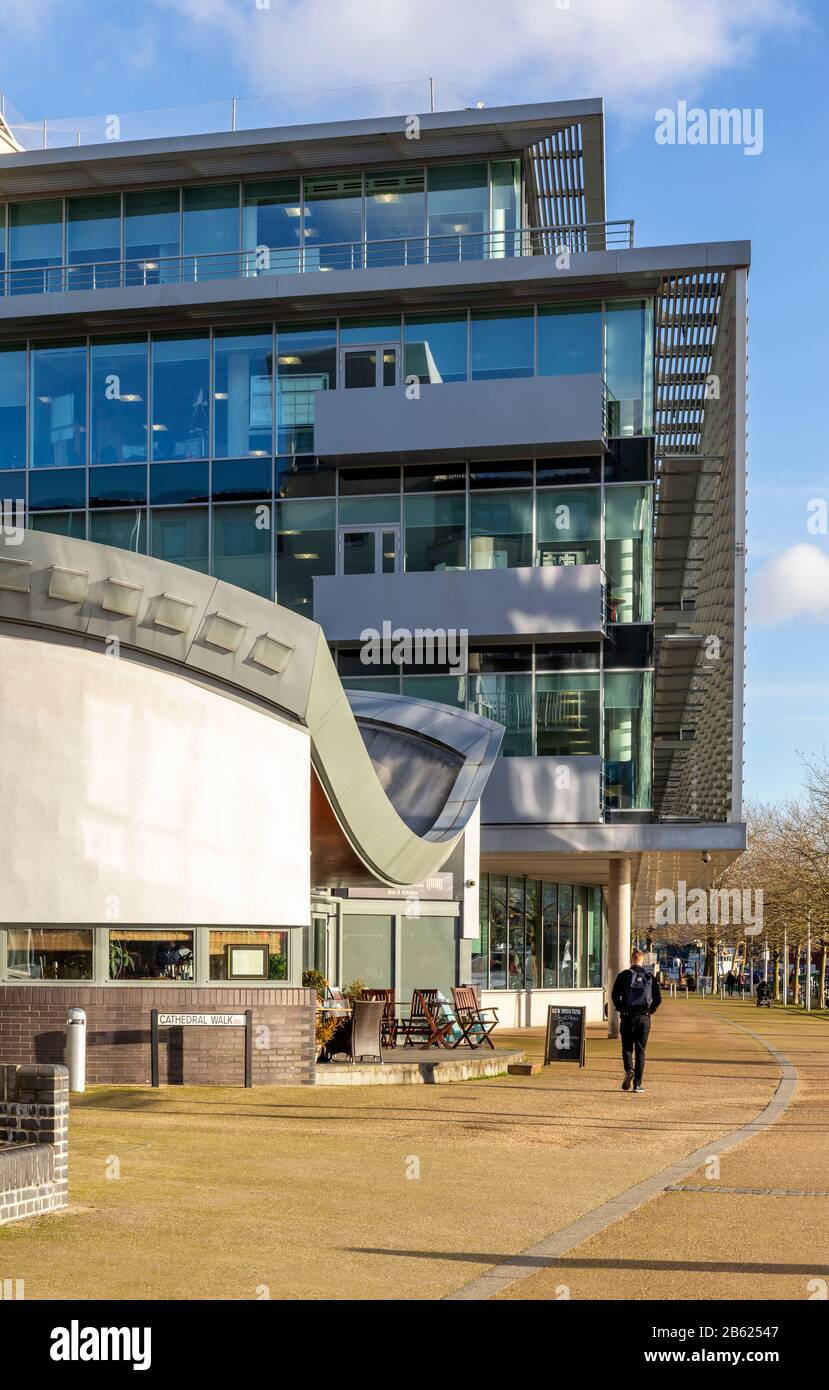 Modern architecture in Cathedral Walk, Bristol's floating harbour ...